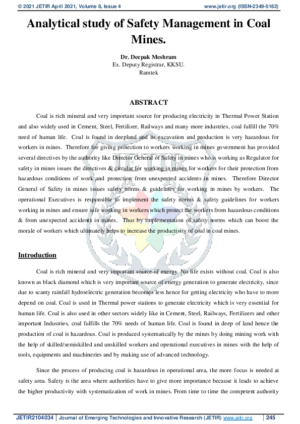 (PDF) Analytical study of Safety Management in Coal Mines