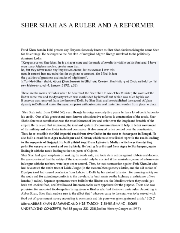 (PDF) SHER SHAH AS A RULER AND A REFORMER