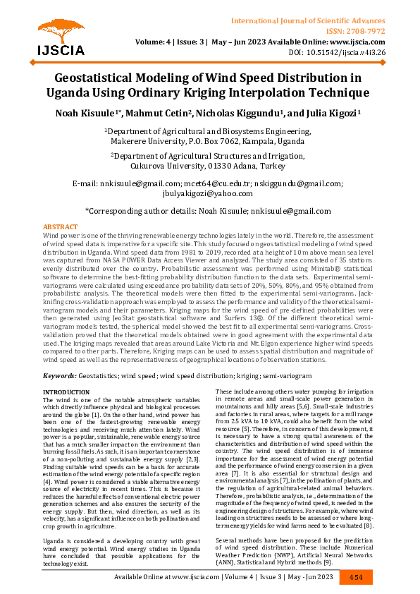 (PDF) Geostatistical Modeling of Wind Speed Distribution in Uganda Using Ordinary Kriging ...