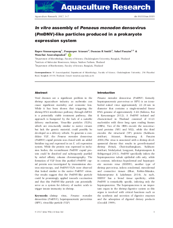 (PDF) In vitroassembly ofPenaeus monodondensovirus (PmDNV)-like particles produced in a ...
