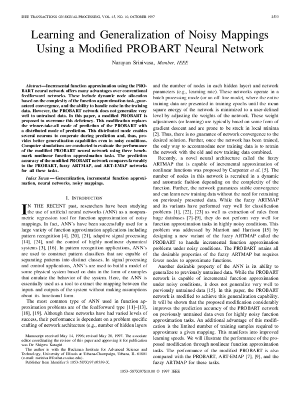 Pdf Learning And Generalization Of Noisy Mappings Using A Modified Probart Neural Network