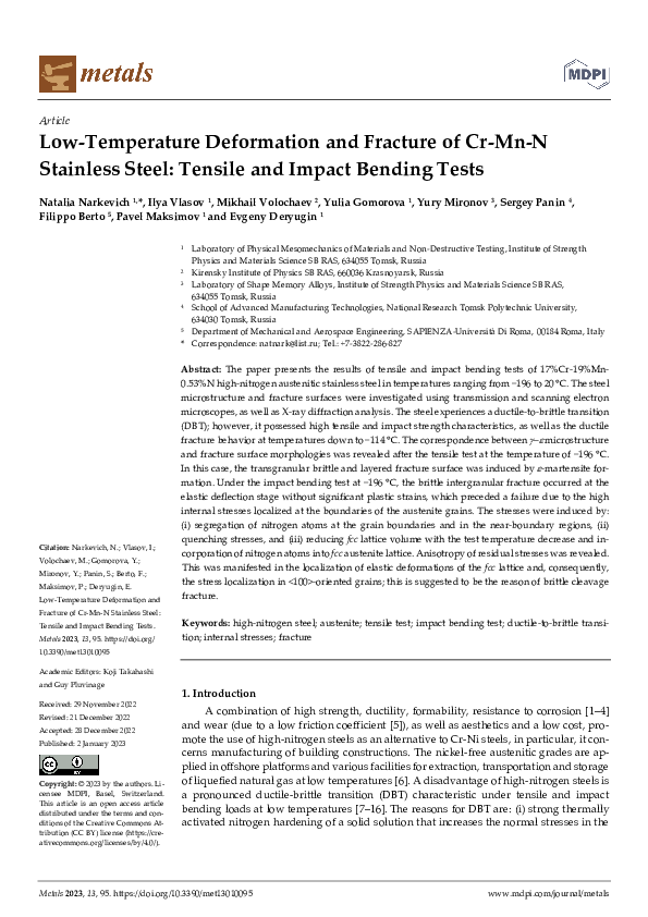 Pdf Low Temperature Deformation And Fracture Of Cr Mn N Stainless Steel Tensile And Impact