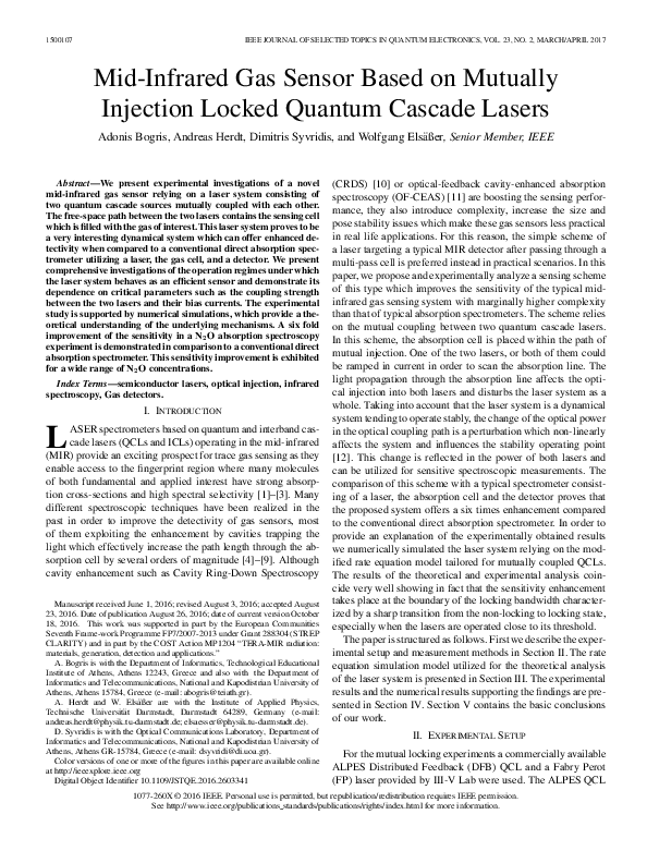 (PDF) Mid-Infrared Gas Sensor Based on Mutually Injection Locked Quantum Cascade Lasers