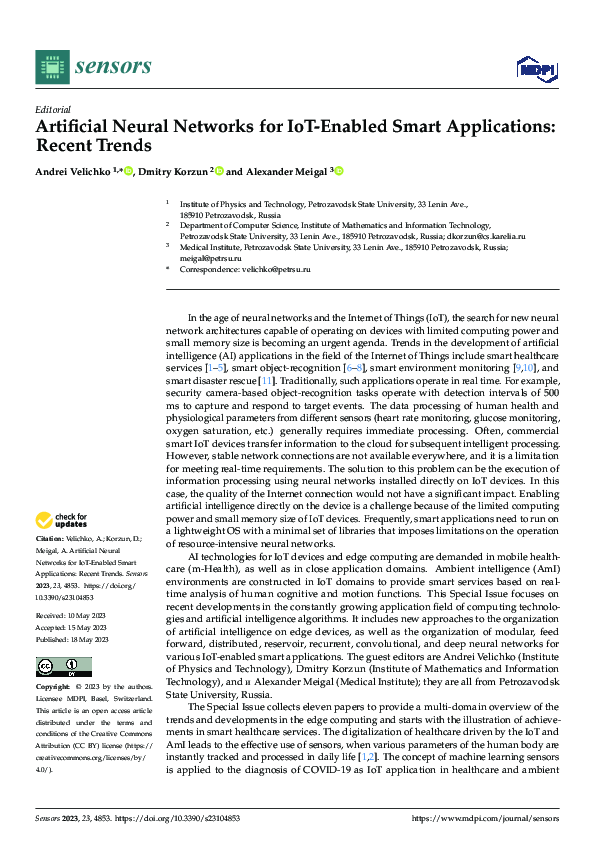 (PDF) Artificial Neural Networks for IoT-Enabled Smart Applications: Recent Trends
