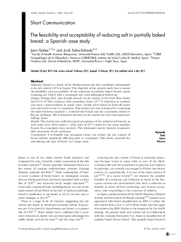 (PDF) The feasibility and acceptability of reducing salt in partially baked bread: a Spanish ...