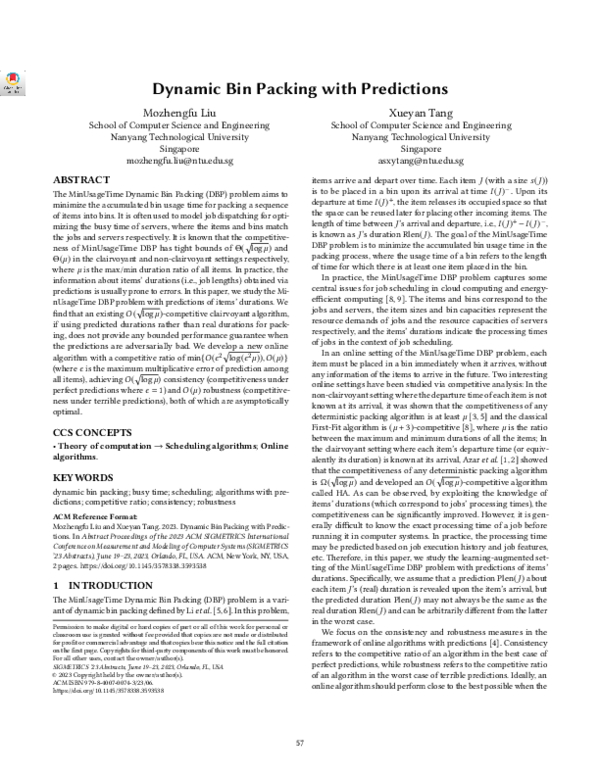 (PDF) Dynamic Bin Packing with Predictions