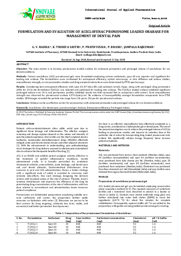 (PDF) FORMULATION AND EVALUATION OF ACECLOFENAC PRONIOSOME LOADED ...
