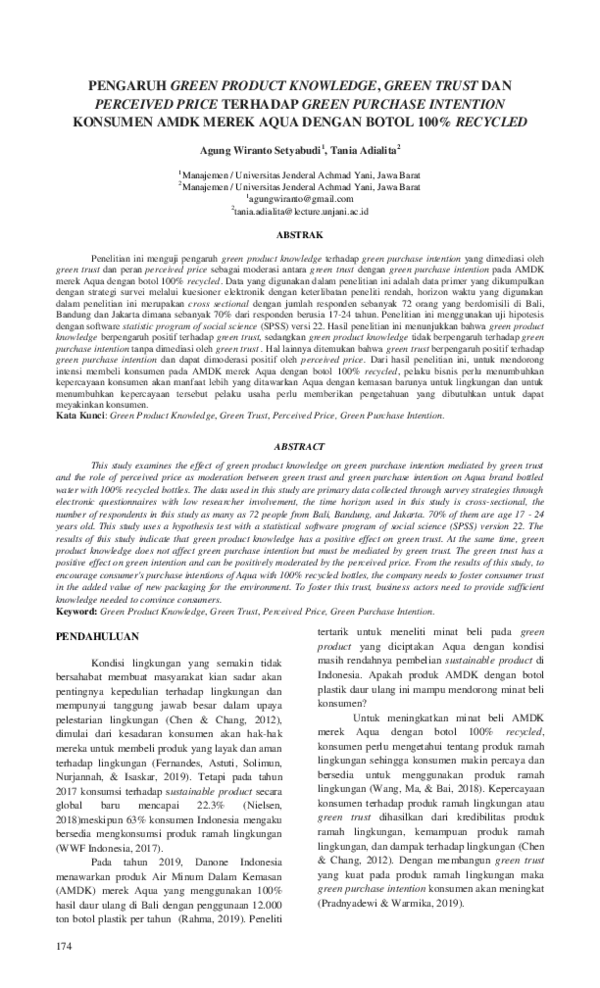 (PDF) Pengaruh Green Product Knowledge, Green Trust Dan Perceived Price Terhadap Green Purchase ...