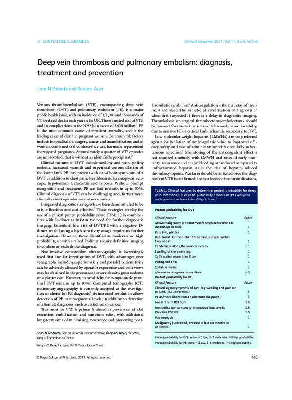 (PDF) Deep vein thrombosis and pulmonary embolism: diagnosis, treatment and prevention