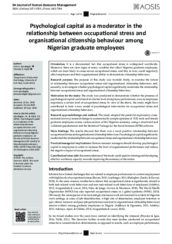 (PDF) Psychological capital as a moderator in the relationship between ...