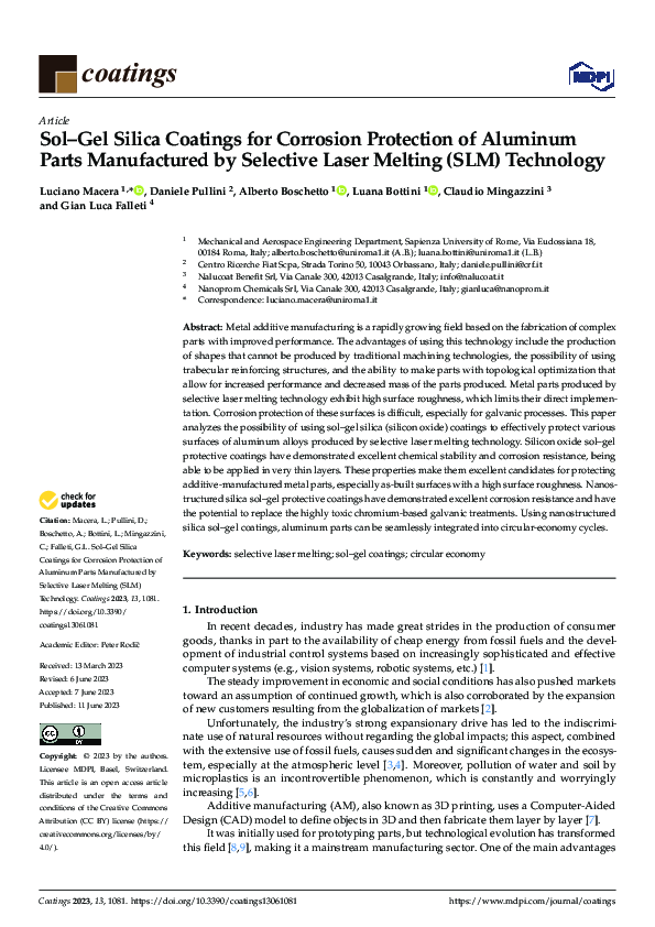 (PDF) Sol–Gel Silica Coatings for Corrosion Protection of Aluminum Parts Manufactured by ...