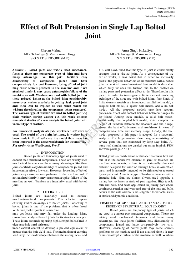 (PDF) Effect of Bolt Pretension in Single Lap Bolted Joint
