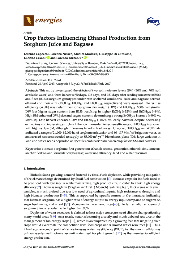 (PDF) Crop Factors Influencing Ethanol Production from Sorghum Juice ...