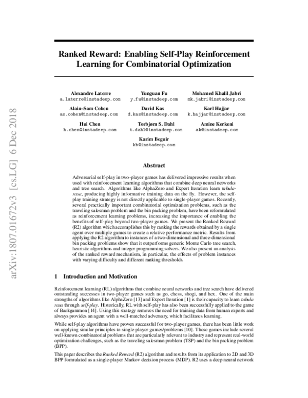 (PDF) Ranked Reward: Enabling Self-Play Reinforcement Learning for ...