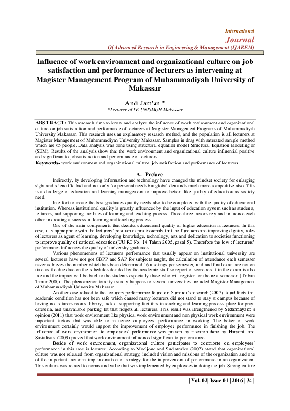 (PDF) Influence of work environment and organizational culture on job satisfaction and ...