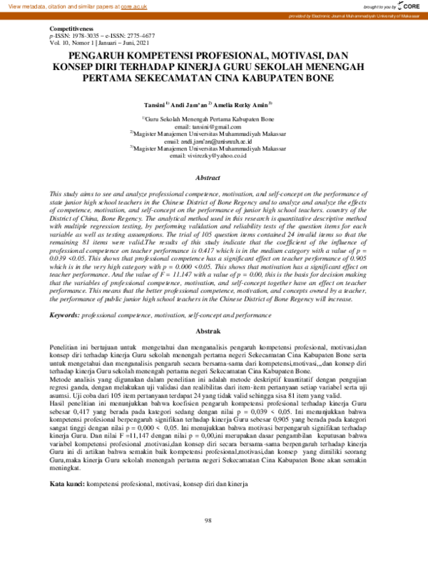 (PDF) Pengaruh Kompetensi Profesional, Motivasi, Dan Konsep Diri Terhadap Kinerja Guru Sekolah ...
