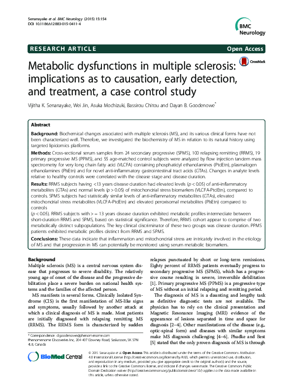 (PDF) Metabolic dysfunctions in multiple sclerosis: implications as to causation, early ...