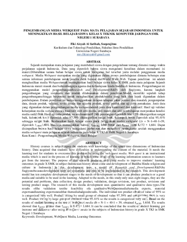 (PDF) Pengembangan Media Webquest Pada Mata Pelajaran Sejarah Indonesia ...