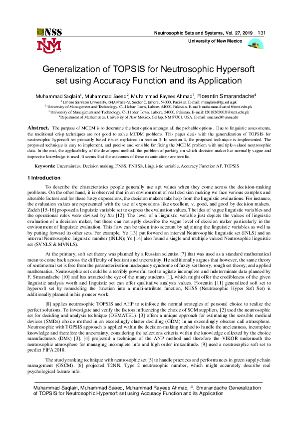 (PDF) Generalization of TOPSIS for Neutrosophic Hypersoft set using Accuracy Function and its ...