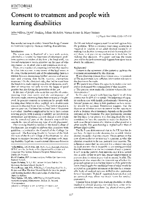 (PDF) Consent to treatment and people with learning disabilities
