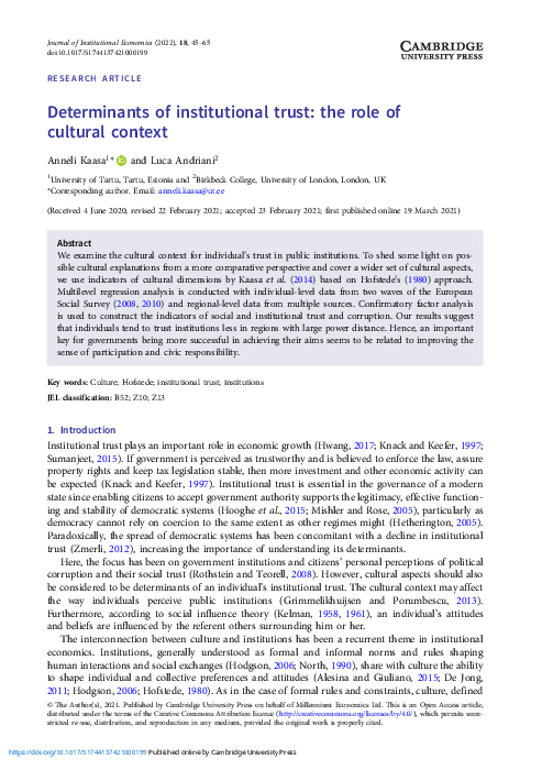 (PDF) Determinants of institutional trust: the role of cultural context