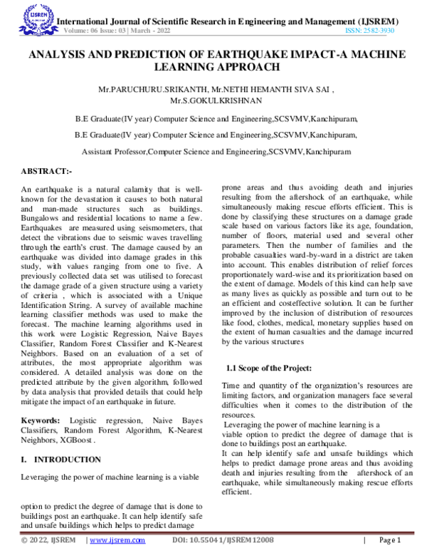Pdf Analysis And Prediction Of Earthquake Impact A Machine Learning 