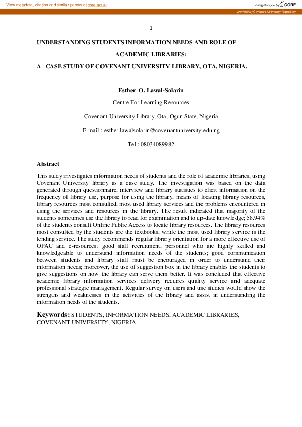 (PDF) Understanding Students Information Needs and Role Ofacademic Libraries:A Case Study of ...