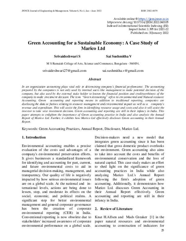 (PDF) Green Accounting for a Sustainable Economy: A Case Study of Marico Ltd