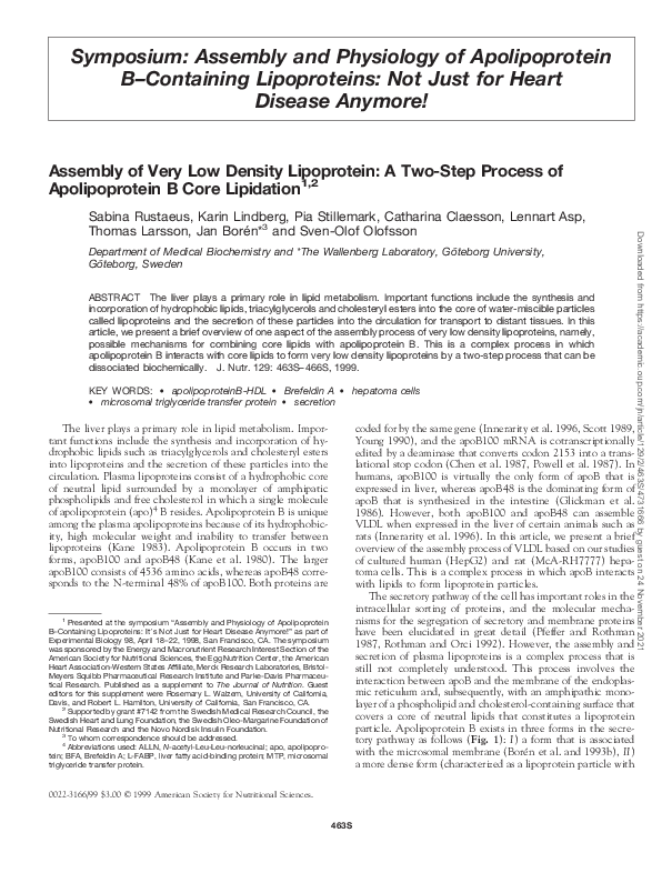 (PDF) Symposium: Assembly and Physiology of Apolipoprotein B-Containing ...