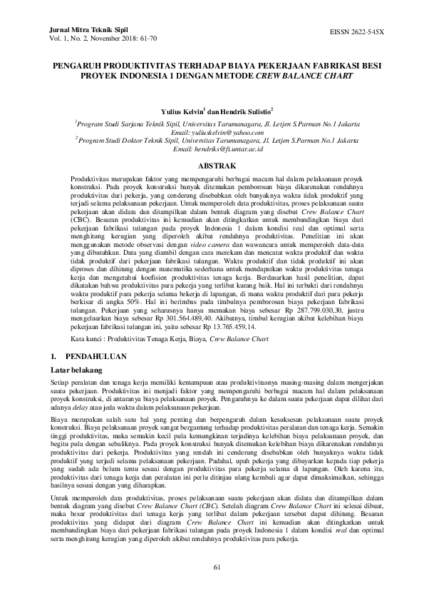 (PDF) Pengaruh Produktivitas Terhadap Biaya Pekerjaan Fabrikasi Besi Proyek Indonesia 1 Dengan ...
