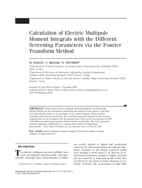 (PDF) Calculation of electric multipole moment integrals with the different screening parameters ...