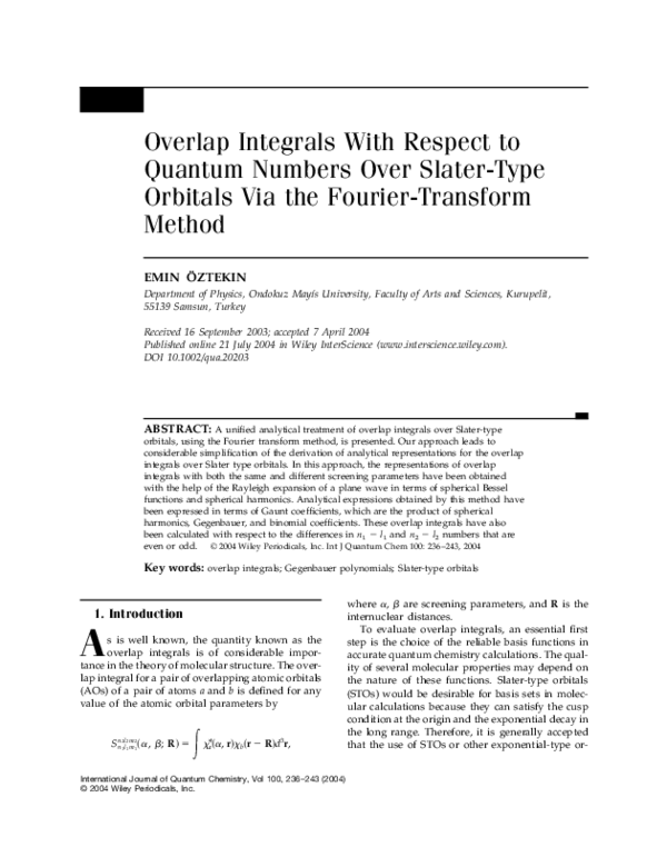 Pdf Overlap Integrals With Respect To Quantum Numbers Over Slater Type Orbitals Via The
