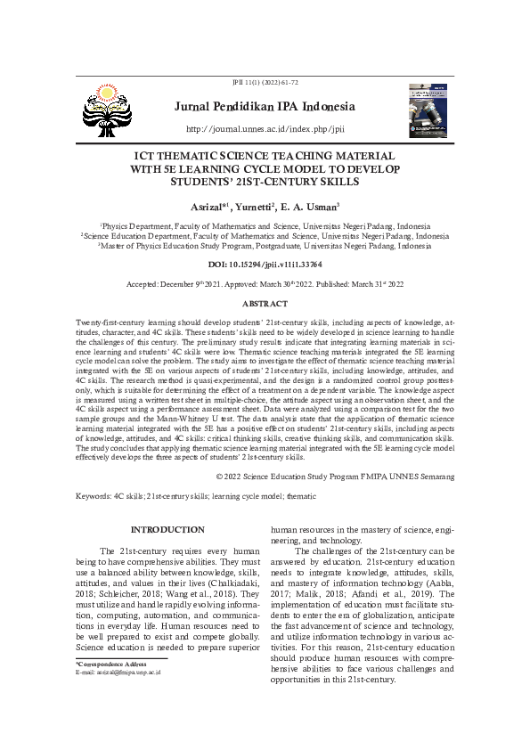 (PDF) ICT Thematic Science Teaching Material with 5E Learning Cycle Model to Develop Students ...