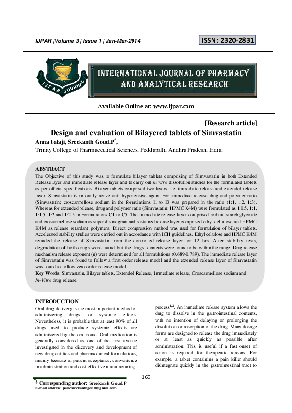 Pdf Design And Evaluation Of Bilayered Tablets Of Simvastatin
