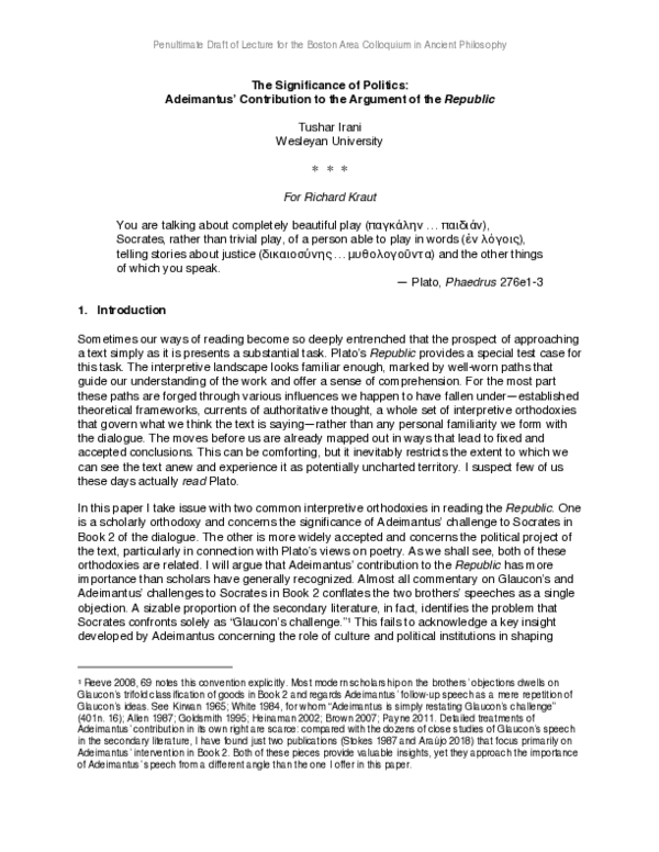 (PDF) The Significance of Politics: Adeimantus' Contribution to the ...