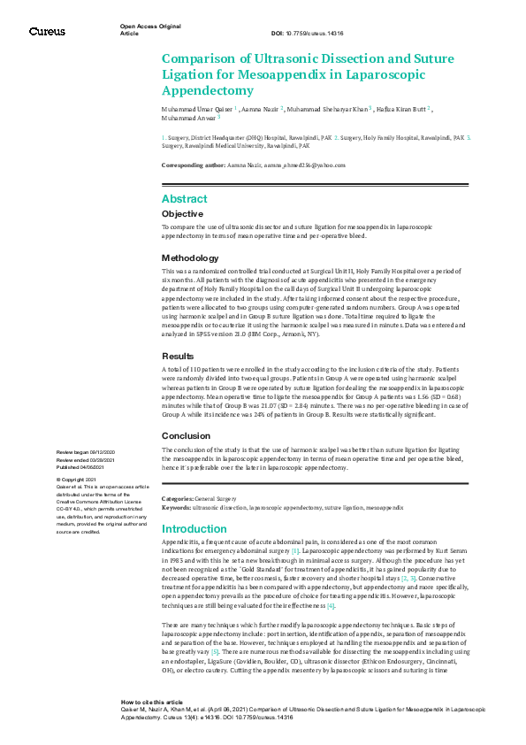 (PDF) Comparison of Ultrasonic Dissection and Suture Ligation for ...