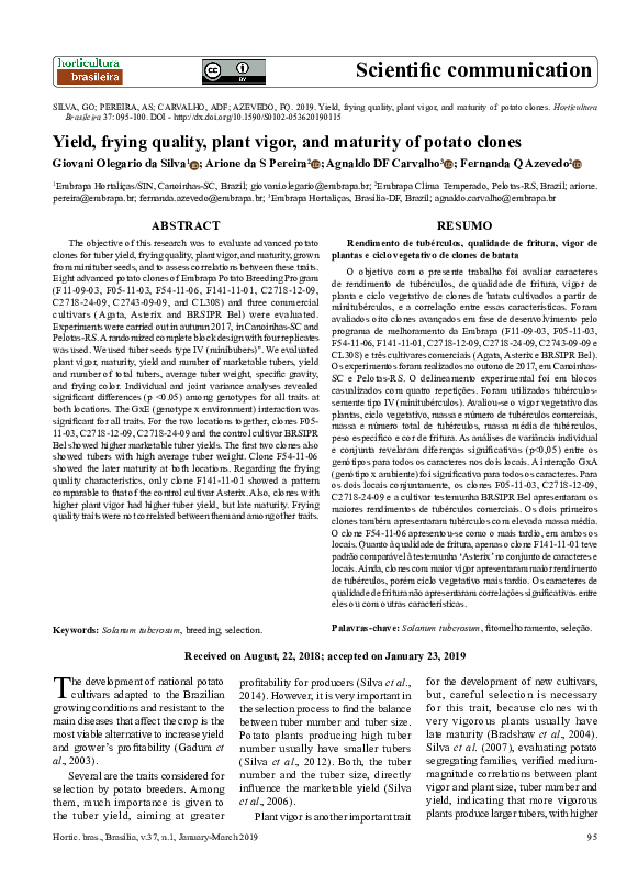 (PDF) Yield, frying quality, plant vigor, and maturity of potato clones