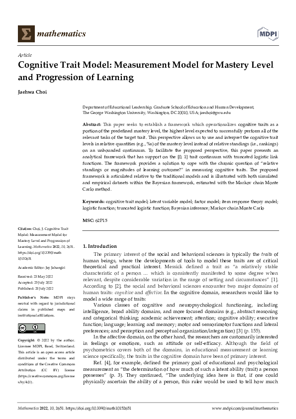 (PDF) Cognitive Trait Model: Measurement Model for Mastery Level and ...