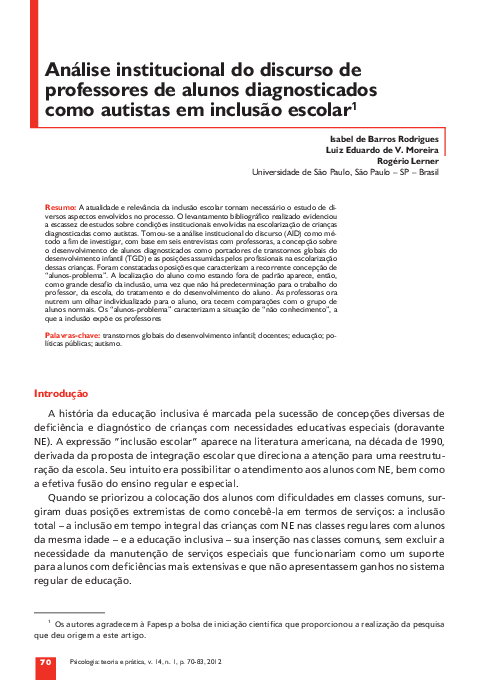 (PDF) Análise institucional do discurso de professores de alunos diagnosticados como autistas em ...