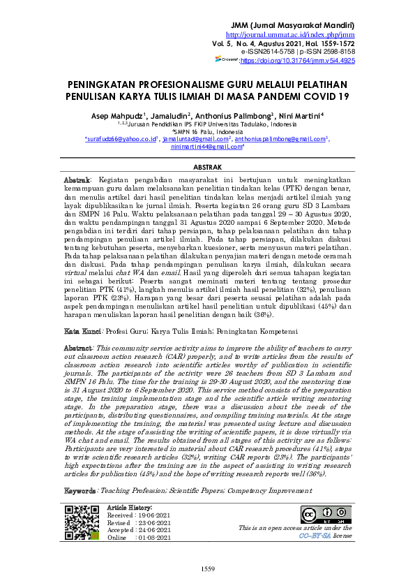 (PDF) Peningkatan Profesionalisme Guru Melalui Pelatihan Penulisan Karya Tulis Ilmiah DI Masa ...