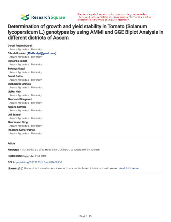 (PDF) Determination of growth and yield stability in Tomato (Solanum lycopersicum L.) genotypes ...
