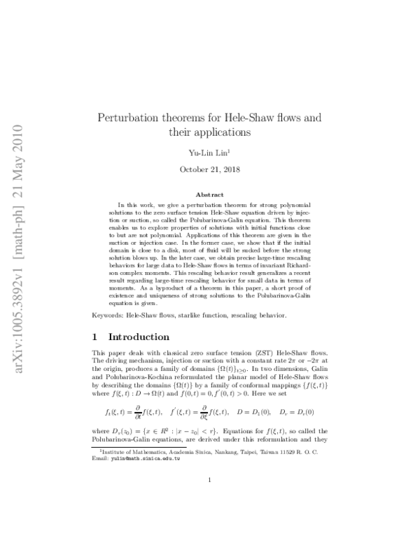 (PDF) Perturbation theorems for Hele-Shaw flows and their applications