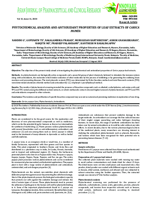 (PDF) PHYTOCHEMICAL ANALYSIS AND ANTIOXIDANT PROPERTIES OF LEAF EXTRACTS OF CARICA PAPAYA