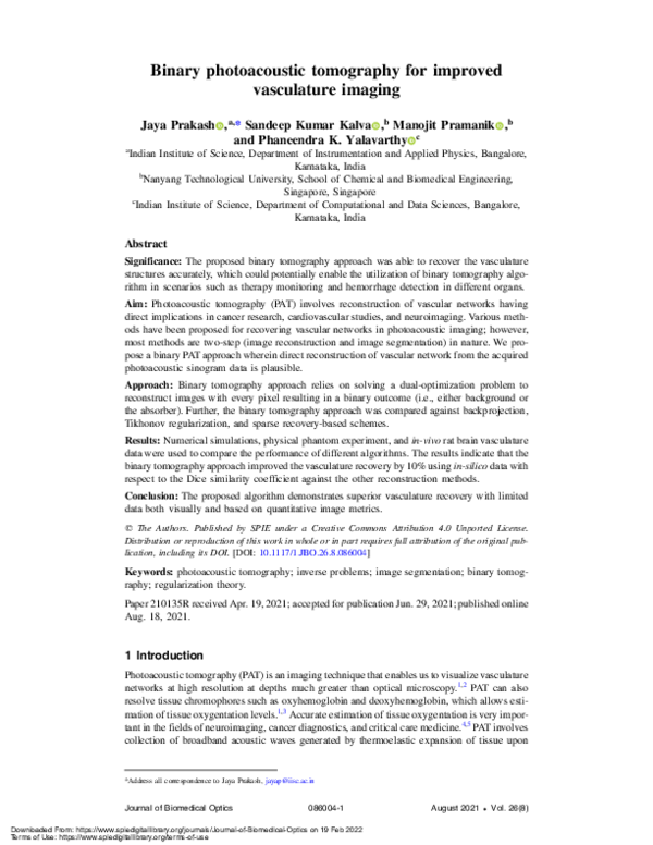 (PDF) Binary photoacoustic tomography for improved vasculature imaging