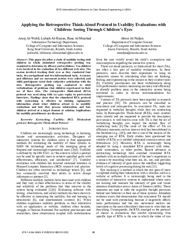 (PDF) Applying the retrospective think-aloud protocol in usability evaluations with children ...