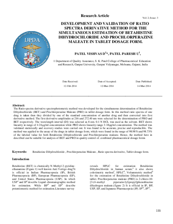 Pdf Development And Validation Of Ratio Spectra Derivative Method For The Simultaneous