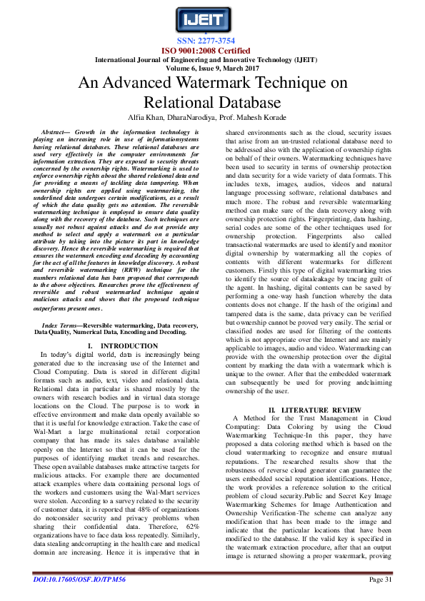 (PDF) An Advanced Watermarking Technique on Relational Database