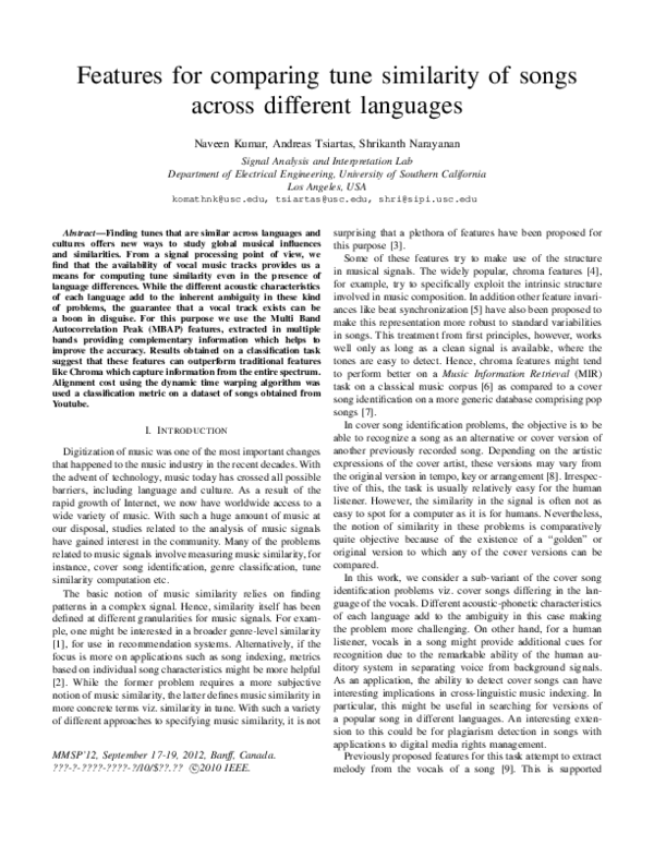 (PDF) Features for comparing tune similarity of songs across different ...