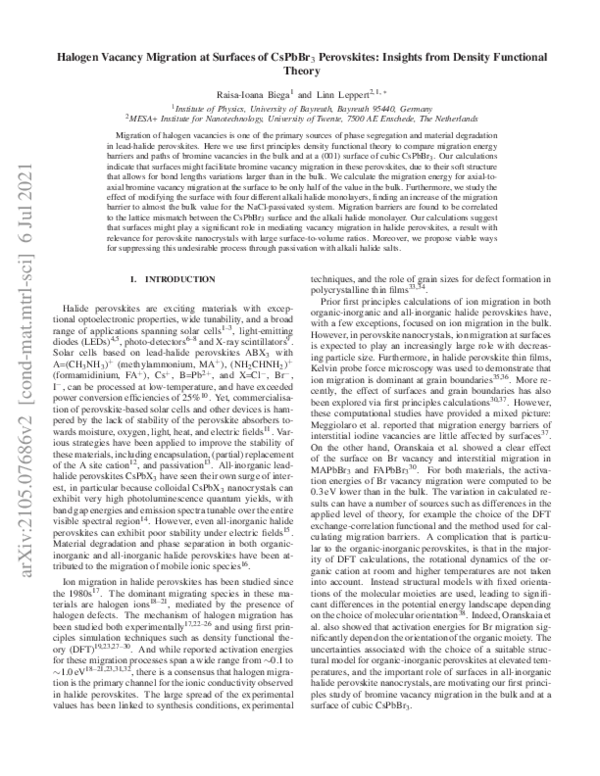 (PDF) Halogen vacancy migration at surfaces of CsPbBr3 perovskites ...
