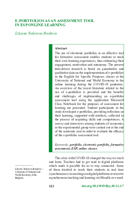 (PDF) E-portfolios as an assessment tool in EsP online learning